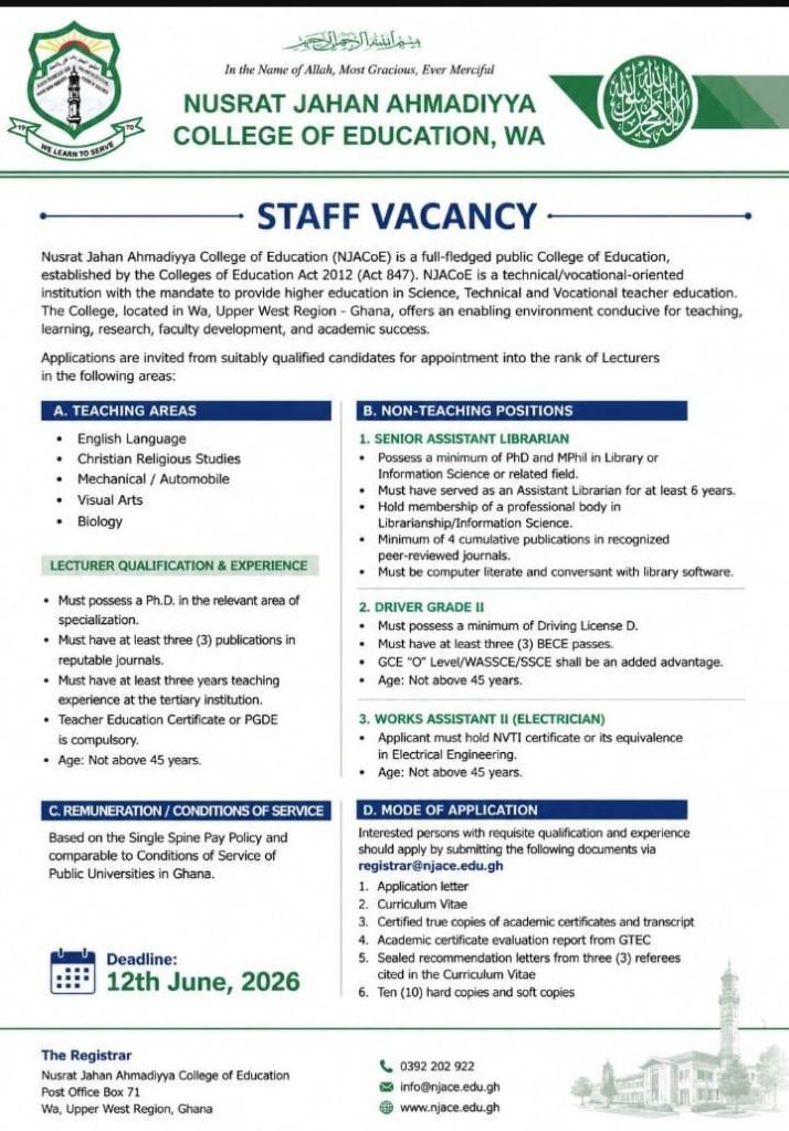 Upper West: Eight Job Vacancies at NJA College of Education